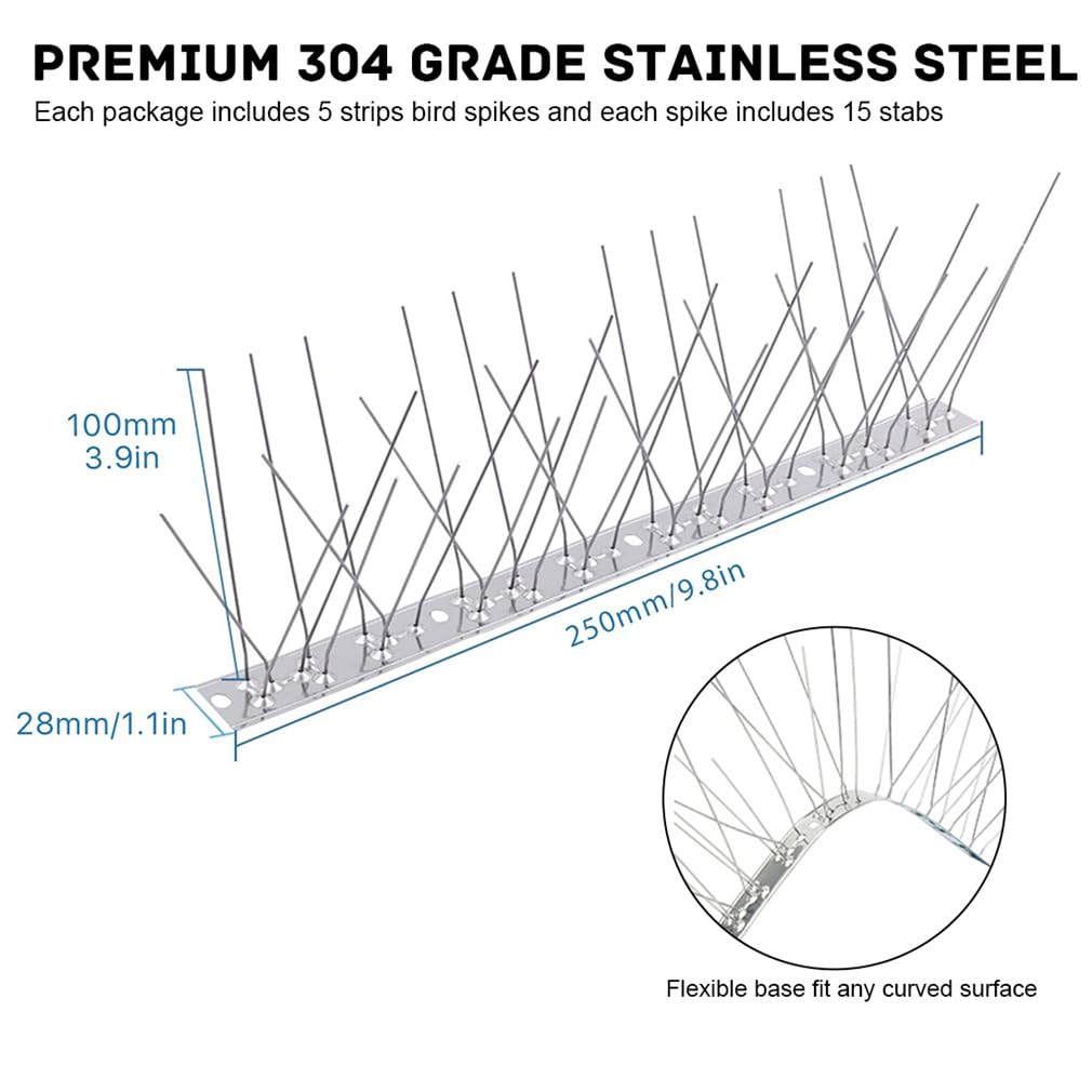 Yeasing Bird Spike for Pigeons 5Pack Bird Spikes 25cm Fence Animal Deterrent Bird Repellent Set Pigeon Spikes Long Seagull Cat Intruder Deterrents for Roofs and Windows, Sliver