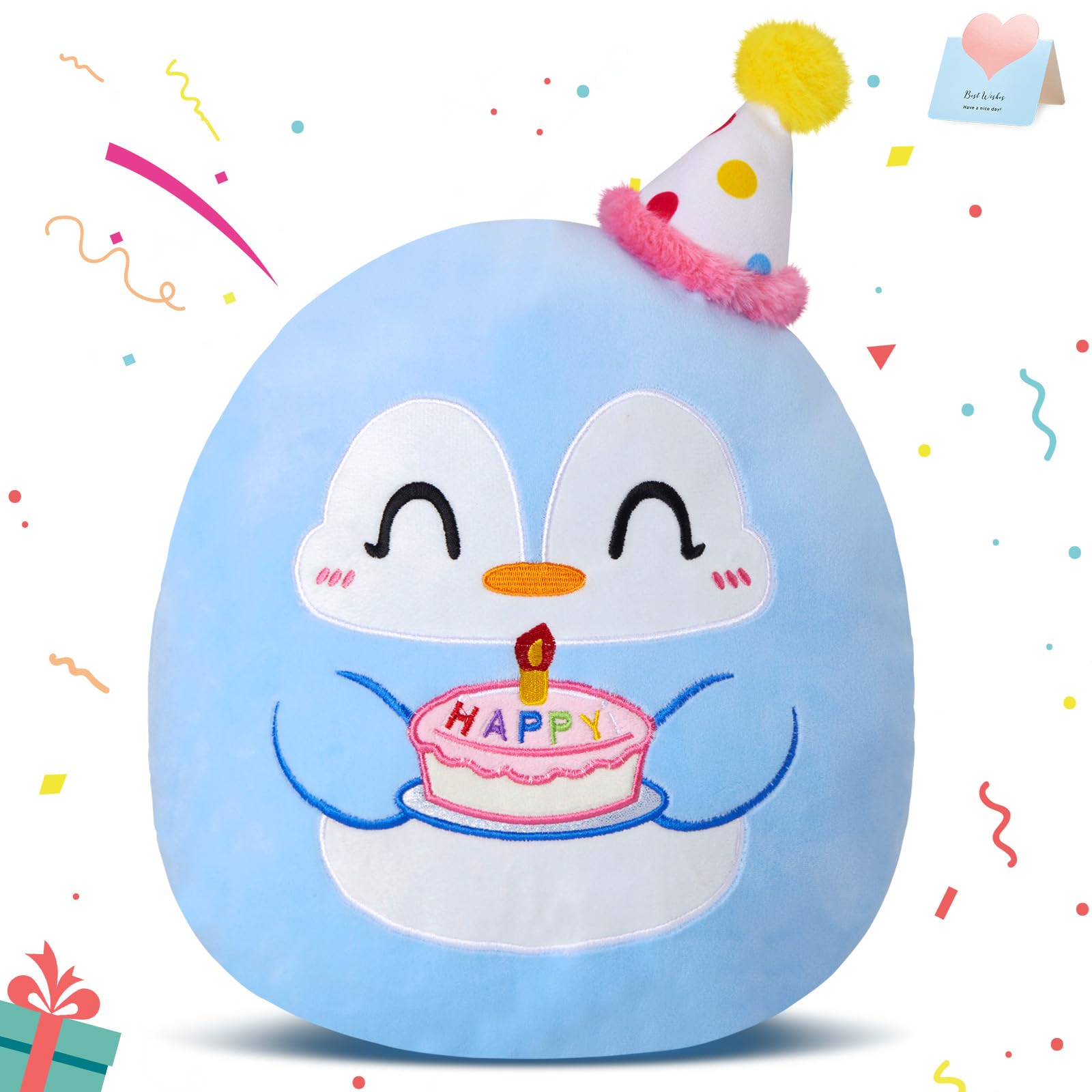 Houwsbaby 12'' Blue Happy Birthday Penguin Plush Pillow,Penguin Stuffed Animal Toy Holding a Cake,Cute Birthday Gift Decoration for Kids' Birthday Parties Boys Girls