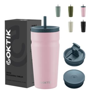 coktik 20oz insulated tumbler with lid and straw 2 lids (straw/flip) iced coffee cup reusable stainless steel travel mug water bottle cupholder friendly for women men her him (blush)