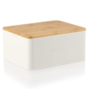 beautiful bread box with wooden lid for your kitchen countertop - spacious container perfectly stores your homemade bread, english muffins & bagels - quality cutting board lid keeps your bread fresh