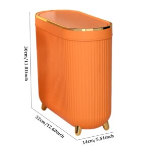 Weduspaty Bathroom Trash Can Slim Trash Can 3.2 Gallons Kitchen Garbage Can with Press Lid Plastic Trash Bin Waste Basket for Bedroom, Office, Living Room Orange, Slim Trash Can