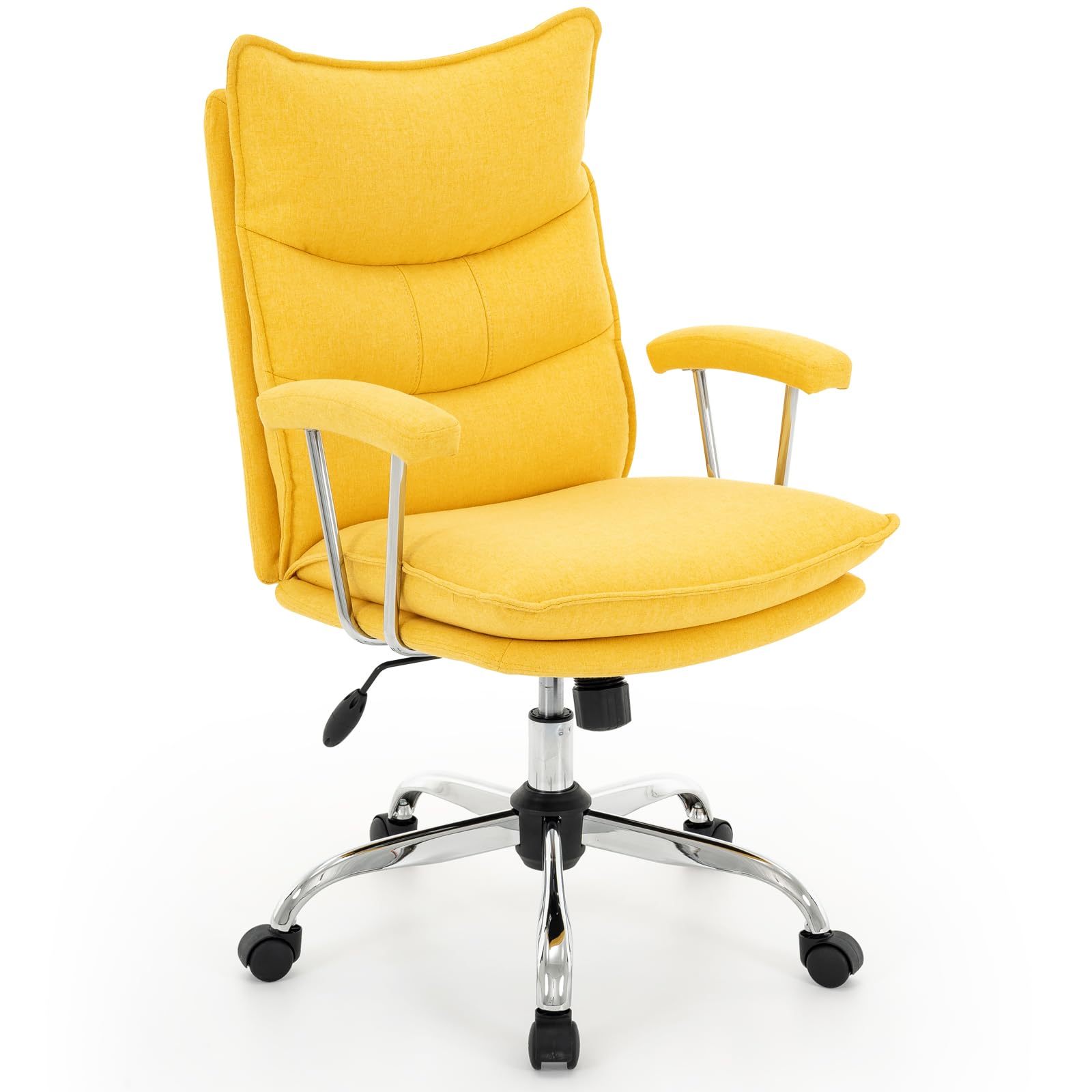 422 Soft Linen Office Chair with Padded Armrests, Premium Double Cushion, 360° Swivel High Back Ergonomic Computer Task Chair for Home Study&Meeting(Yellow)