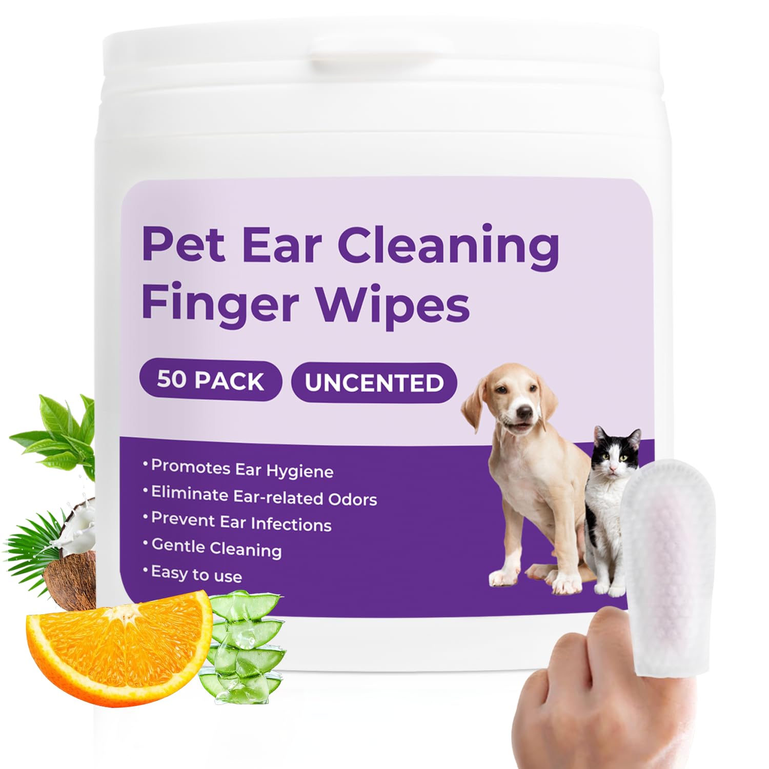 Ear Finger Wipes for Cats&Dogs,50 Pack Dog or Cats Ear Cleaner Wipes to Stop Ear Itching, Gently Remove Ear Wax Pet Ear Wipes, Sooths & Deodorizes