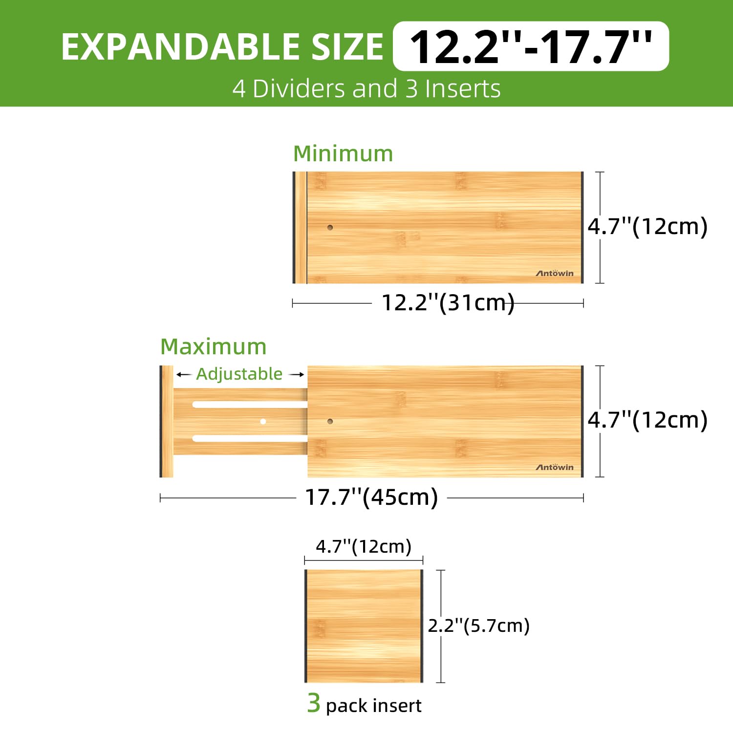 ANTOWIN 4 Pack Expandable Drawer Dividers, 4.7'' High, Extend from 12.2'' to 17.7'', Dresser Drawer Organizers, Bamboo Separators for Kitchen, Bedroom, Office, Bathroom (Natural)