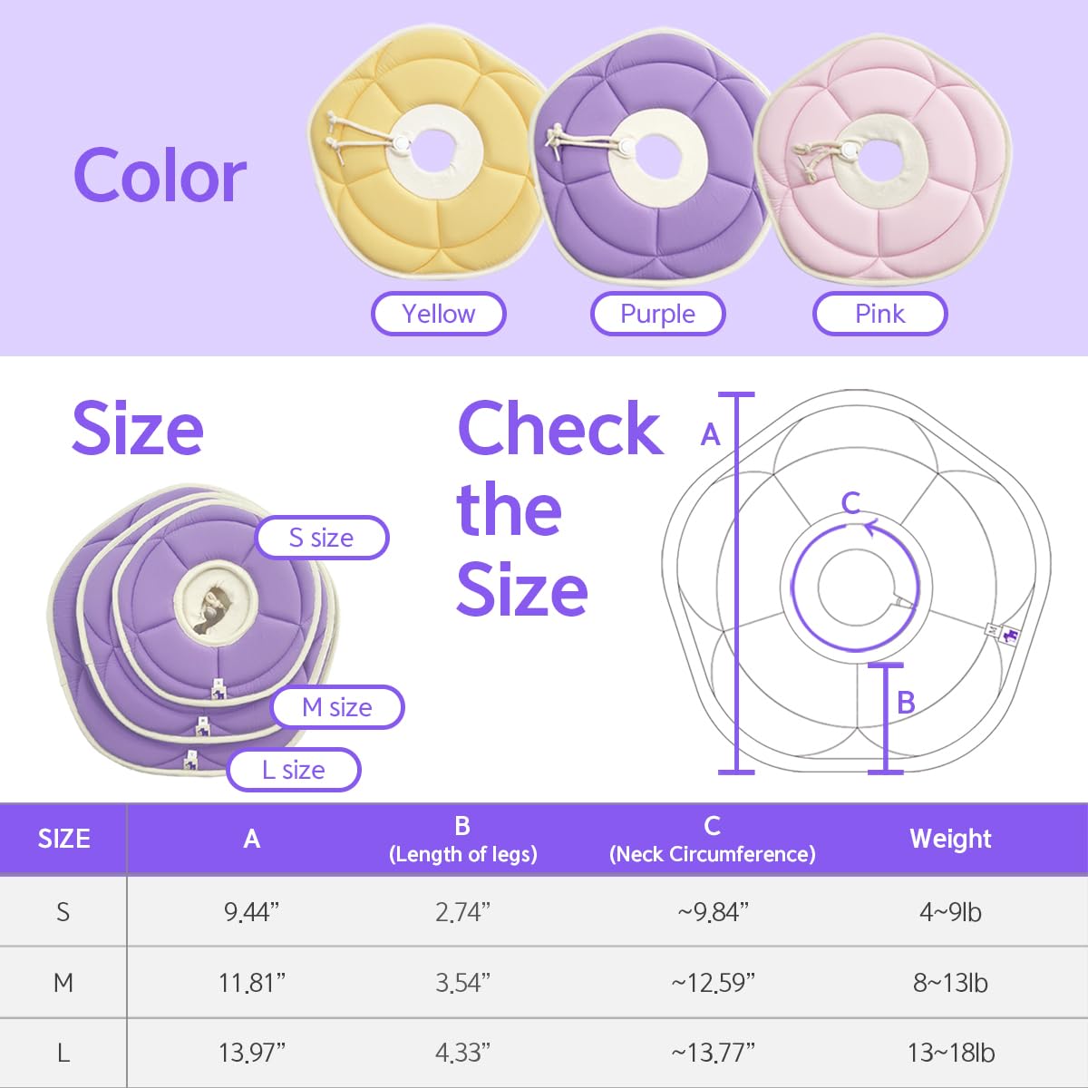 Adjustable Flower Recovery Collar for Dogs and Cats, Soft Comfortable Lightweight, Prevent Licking Wounds, Non-Vision Blocking, Pink,Yellow,Purple (Purple, Large)