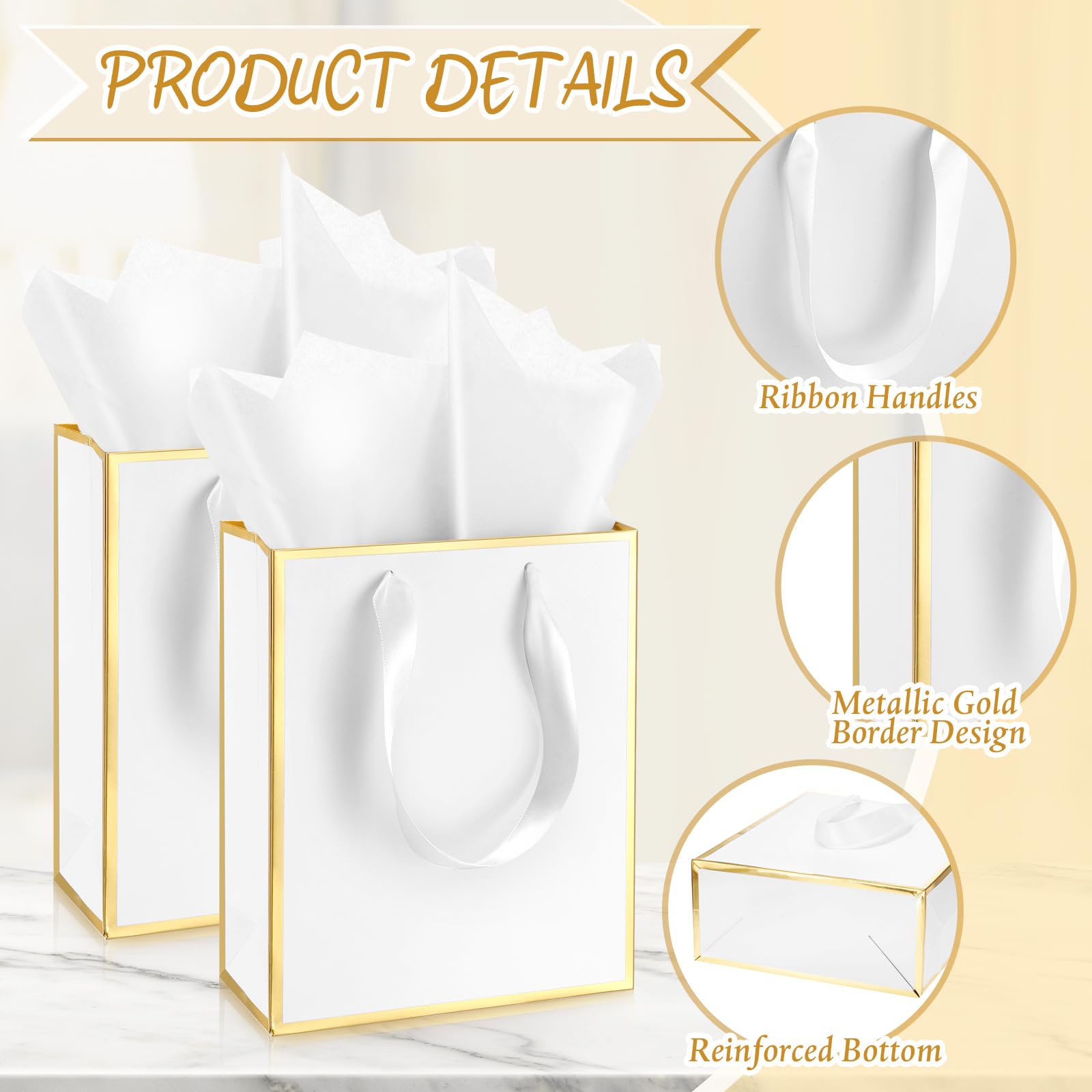 Yeaqee 50 Pack Metallic Paper Gift Bags with Handle and Tissue Paper Wedding Thank You Favor Bag for Bridal Shower Groomsmen 5 Senses Gift Bags for Her Him Birthday 9 x 7 x 3.15''(White and Gold)