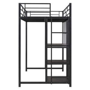 CABSETT Metal Loft Bed with Desk and Whiteboard, Twin Size Loft Bed with 3 Shelves and Ladder, Heavy-Duty Loft Bedframe for Kids Boys Girls Teens, Easy Assembly, Black