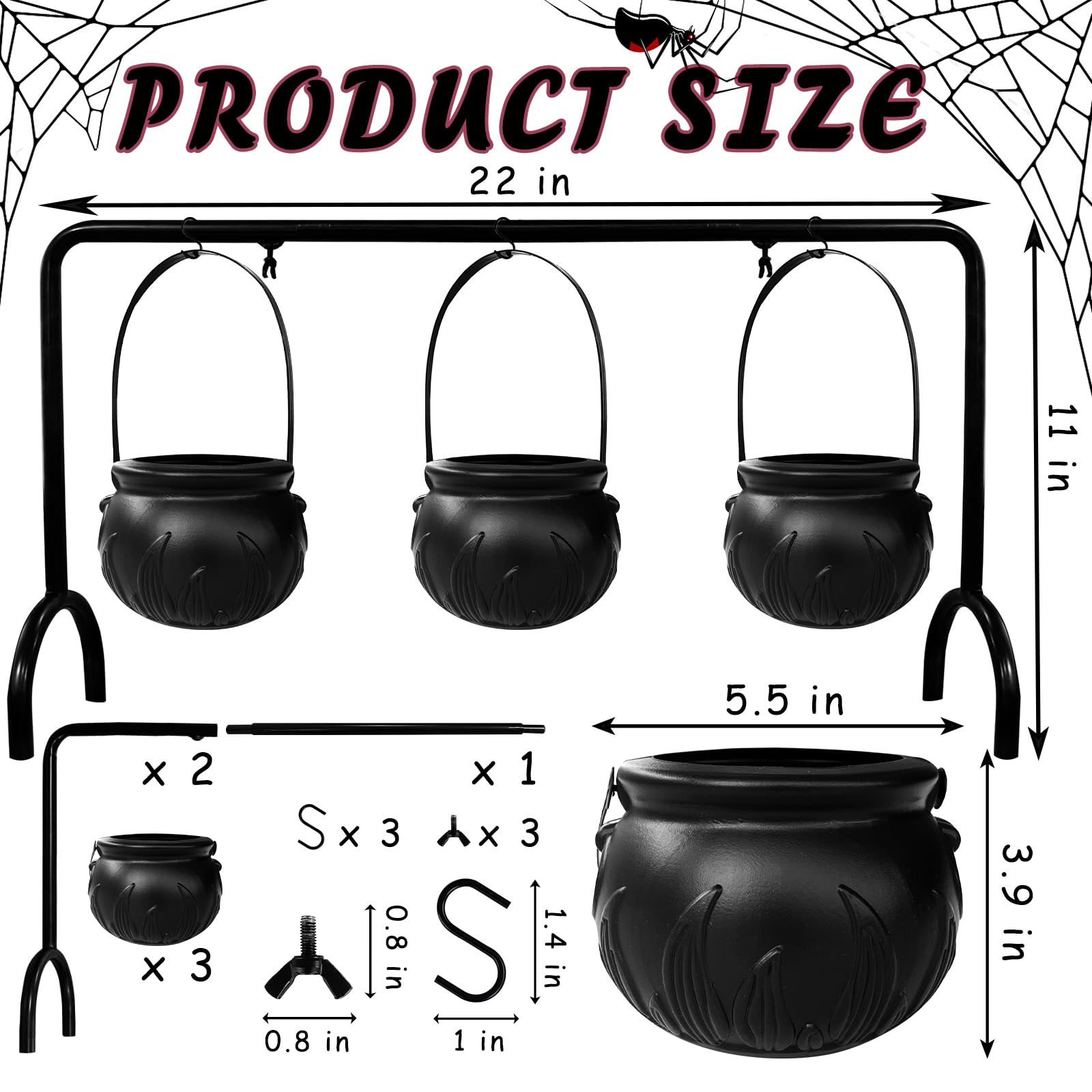 Zddaoole Halloween Cauldrons Serving Bowl Decor,Set of 3 Hanging Black Plastic Cauldron Bowls on Rack,Candy Punch Bowl Halloween Witches Cauldron for Home Kitchen Hocus Pocus Party Decorations Indoor