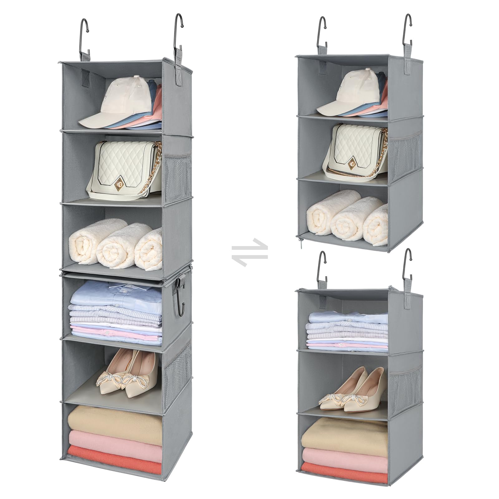 TOPIA HOME 6-Shelf Hanging Closet Organizer, Two Separable 3-Tier Heavy Duty Closet Organizer, Hanging Closet Shelves with Pockets for Clothes, Sweater, Shoe, Purse, Nursery, 12" Dx12 Wx48 H, Gray