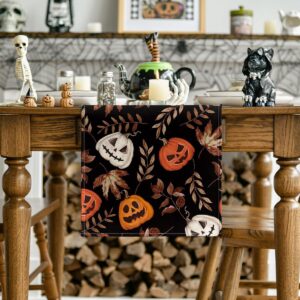 Artoid Mode Jack-O'-Lantern Pumpkin Leaves Black Halloween Table Runner, Holiday Kitchen Dining Table Decoration for Home Party Decor 13 x 72 Inch