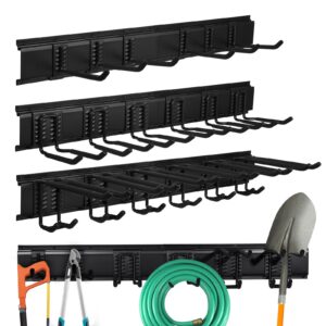 mayouko 48 inches garage tool storage rack, garage garden storage organizer wall mount, 16" x 3 racks, yard shovel rack holder for hanging landscaping equipment, ladders, adjustable hook