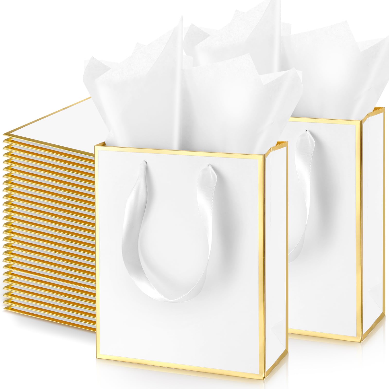 Yeaqee 50 Pack Metallic Paper Gift Bags with Handle and Tissue Paper Wedding Thank You Favor Bag for Bridal Shower Groomsmen 5 Senses Gift Bags for Her Him Birthday 9 x 7 x 3.15''(White and Gold)