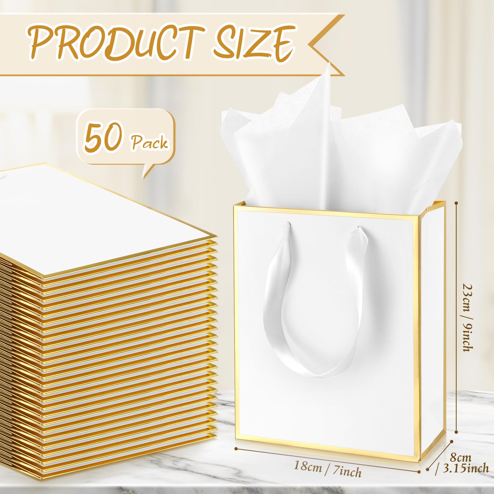 Yeaqee 50 Pack Metallic Paper Gift Bags with Handle and Tissue Paper Wedding Thank You Favor Bag for Bridal Shower Groomsmen 5 Senses Gift Bags for Her Him Birthday 9 x 7 x 3.15''(White and Gold)