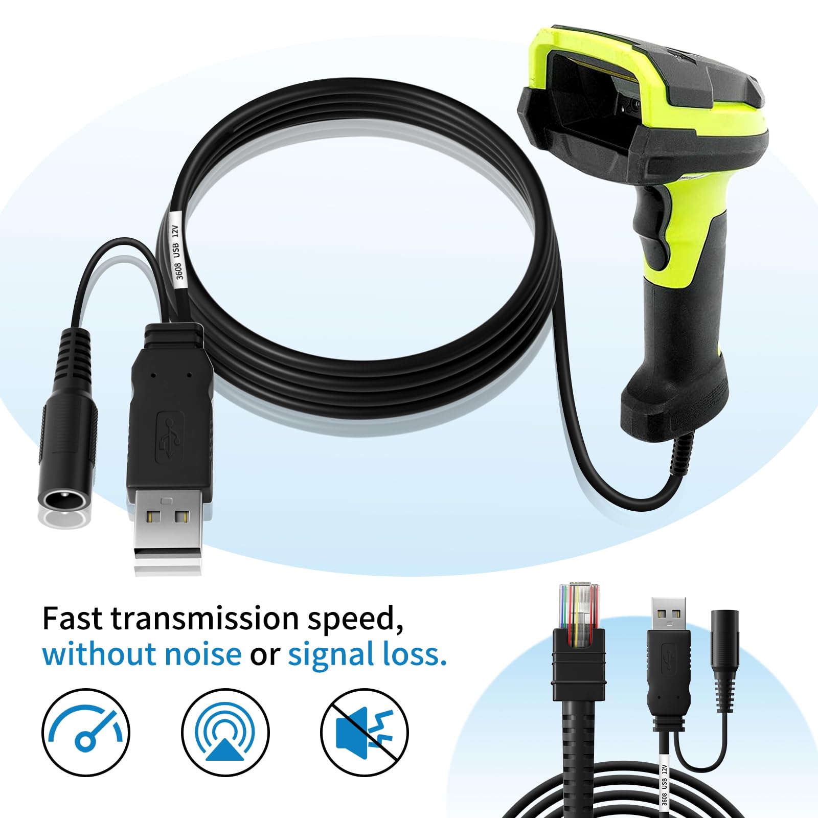 WUHAO USB Cable for Zebra DS3678-SR DS3678-DP LI3608 LI3678 DS3600 DS3608 DS8108 Barcode Scanner,CBA-U42-S07PAR USB Cable USB-A to RJ-45 3M/9.8FT Straight 12V (1)