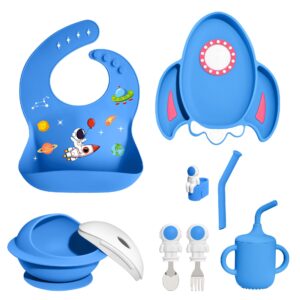 7 pieces silicone baby feeding set, food-grade astronaut theme, suction plate and bowl for baby, spoon, fork, bib, cup, straws, baby feeding essentials for 6+ months (blue)