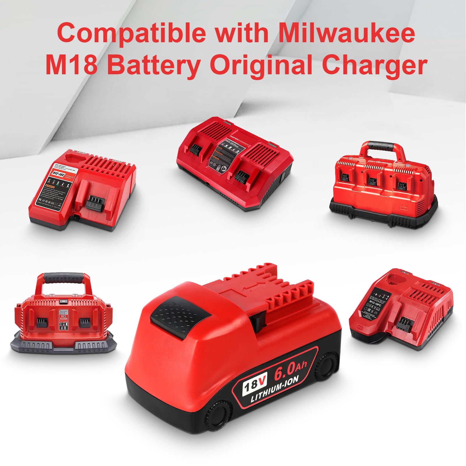 2Pack 6.0Ah Replacement for Milwaukee M18 Battery and Charger Kit Compatible with Milwaukee 18V Battery Cordless Power Tools 48-11-1852 48-11-1850 48-11-1840 48-11-1890 48-11-1828 and Original Charger