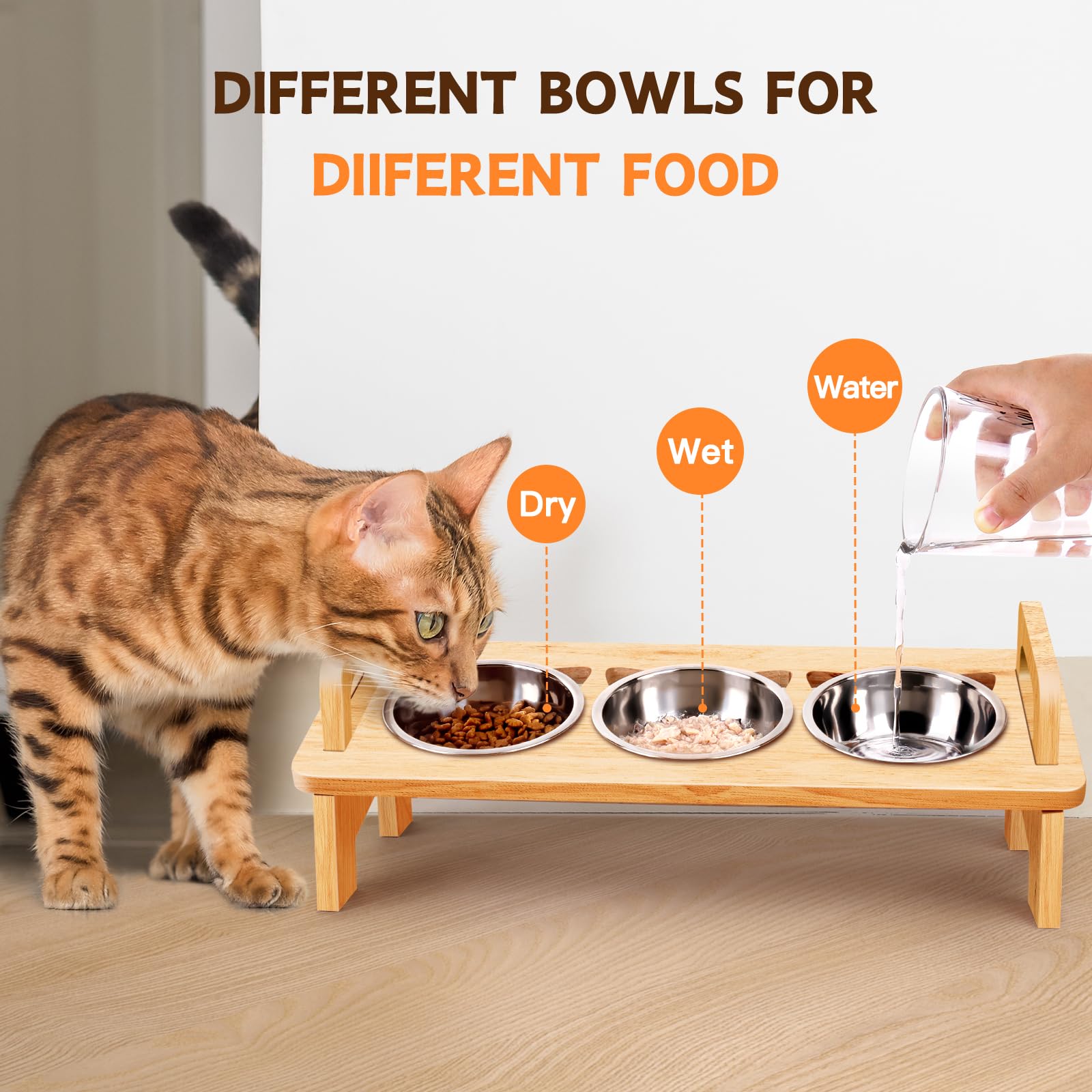 Elevated Cat Food Bowl, 3 Stainless Steel Raised Cat Bowls with Stand, 15°Tilted Cat Bowl for Indoor Cats, Cat Food and Water Bowl Set, Anti Vomitting, Whisker Fatigue and Dishwasher Safe - Natural