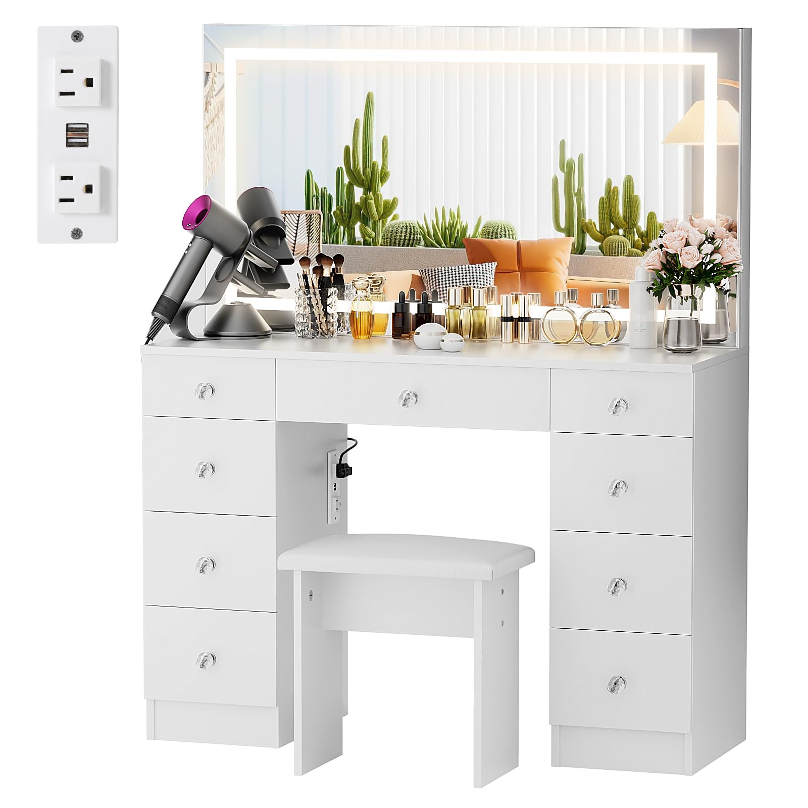 VOWNER Vanity with Lighted Mirror - Makeup Vanity Desk with Power Outlet and 9 Drawers, 3 Color Lighting Modes Adjustable Brightness, 43" Vanity Table with Soft Cushioned Stool for Bedroom, White