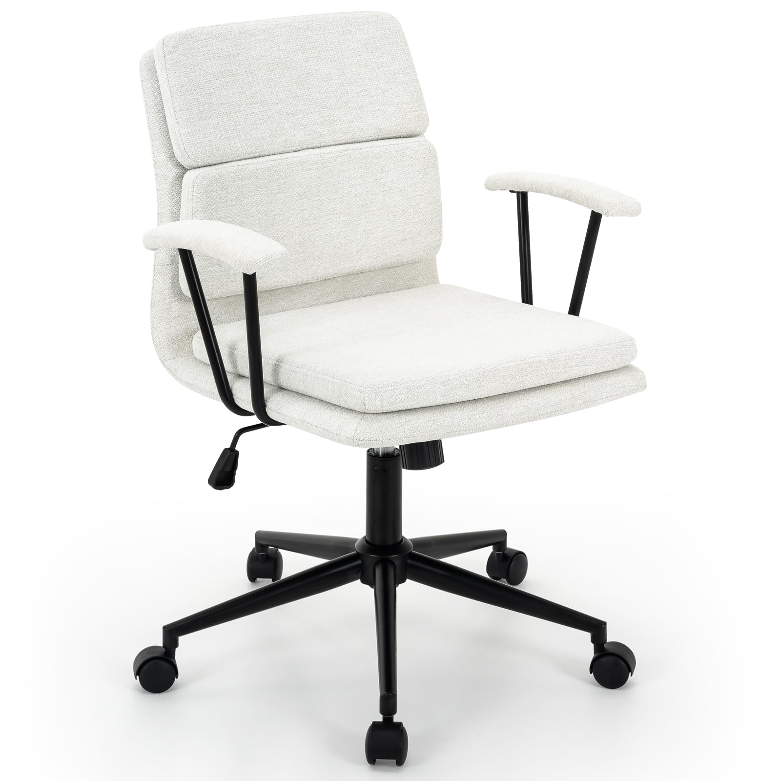 422 Modern Linen Office Chair with Removable Padded Armrests, Premium Double Cushion, 135° Rocking Mid Back Ergonomic Computer Task Chair with Wheels for Home Study&Meeting(White)