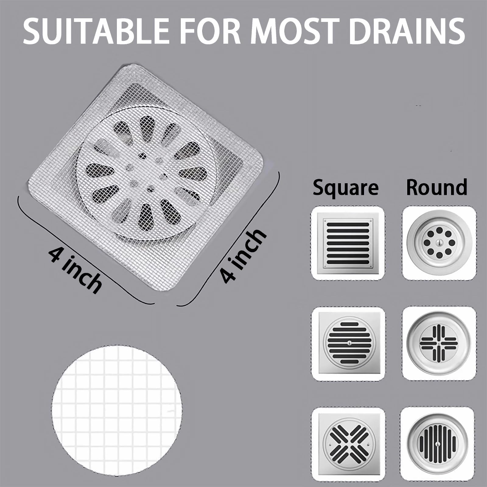 ASOQOLA 30 Pack,4"" X 4"" Disposable Shower Drain Cover, Hair Catcher Shower Drain Mesh Stickers, Bathroom, Laundry, Bathtub, Kitchen, Sink for Human and Pet Hair (30 PCS), Gray, ZZDLT-30P