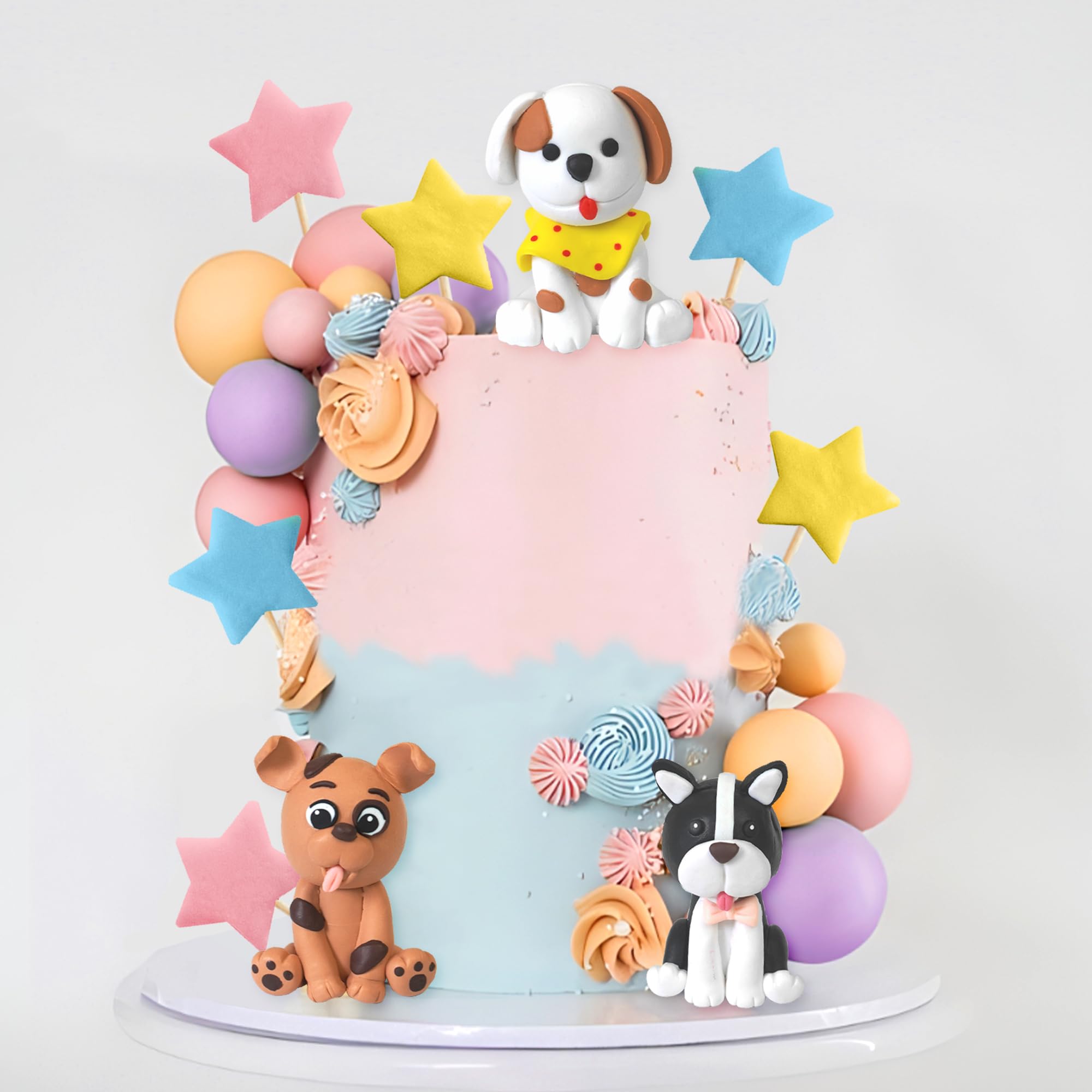 DRWATE Dog Cake Topper Clay Figurines Puppy Star Yellow Pink Purple Ball Cake Topper for Dog Theme Birthday Party Paw Cute Dog Pet Party Baby Shower Supplies (Style 01)