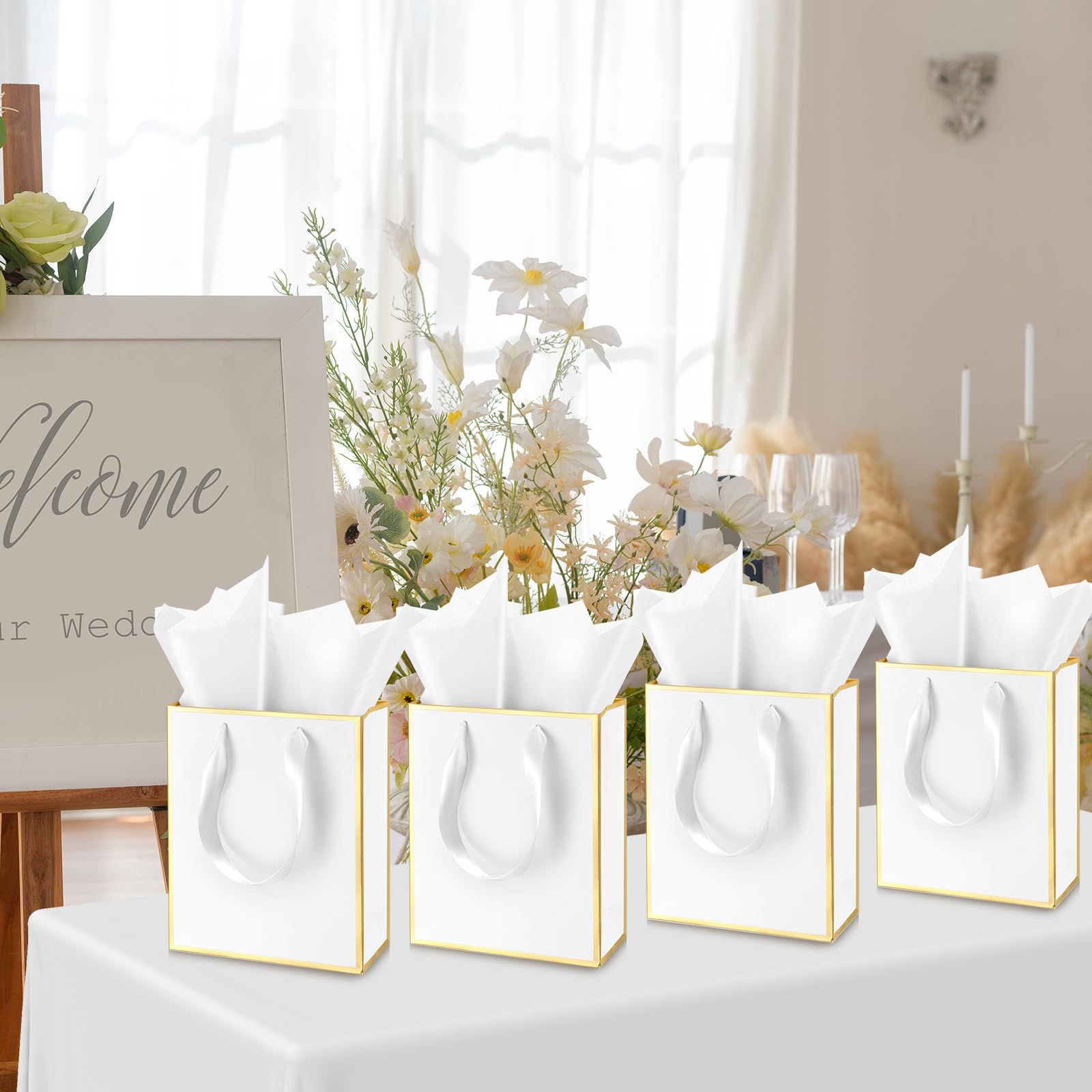 Yeaqee 50 Pack Metallic Paper Gift Bags with Handle and Tissue Paper Wedding Thank You Favor Bag for Bridal Shower Groomsmen 5 Senses Gift Bags for Her Him Birthday 9 x 7 x 3.15''(White and Gold)