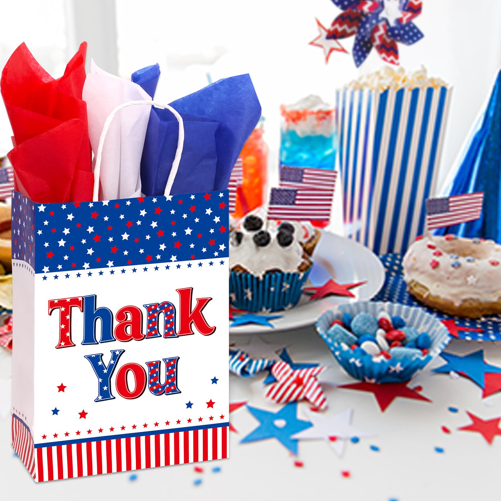 Veterans Day Gift Bags Patriotic Thank You Bags with Handles and Tissue Paper Red White Blue 4th of July Goodie Bags Paper Treat Goodie for Memorial Day Independence Day 16 Pcs