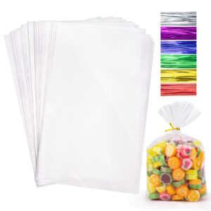 aubeco 120pcs cello cellophane treat bags, 6x9 inches plastic gift bags with ties, clear cookies for party favor,packaging, candy, bakery