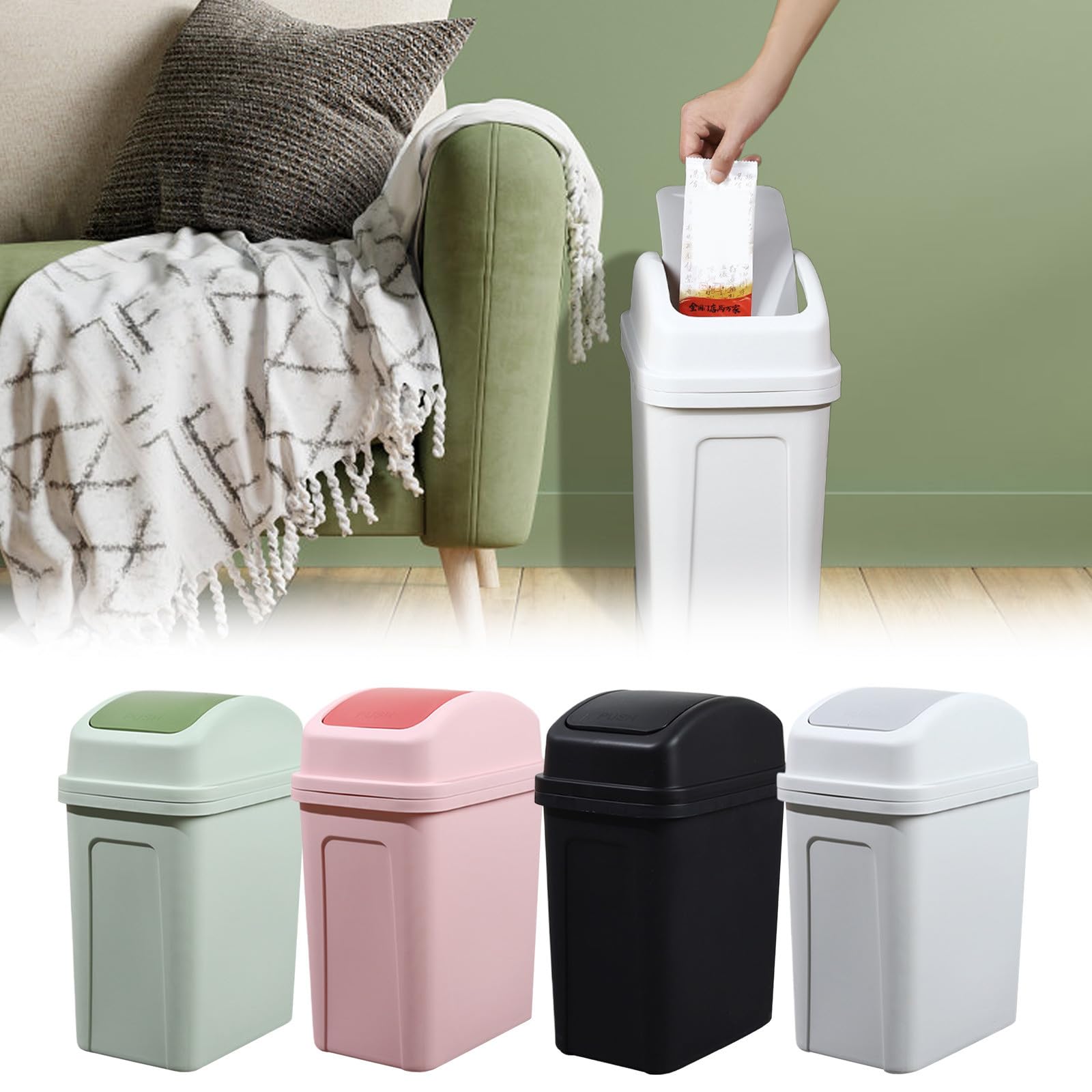 Aufmer Trash Can, 7l Pink Trash Can, Bathroom Trash Can, Plastic Kitchen Small Trash Bin, Swing Top Trash Can, Waste Basket for Home, Office, Garage, Patio, Restaurant Pink, Black,Green, Gray (Black)