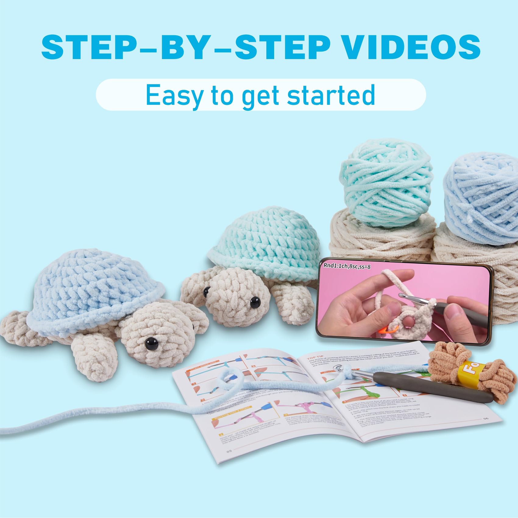 Eelexa Crochet Kit for Beginners, Amigurumi Crocheting Animal Kits, Learn to Crochet with Step-by-Step Video Tutorials for Kids Adults Beginner - 2 Pack Turtles