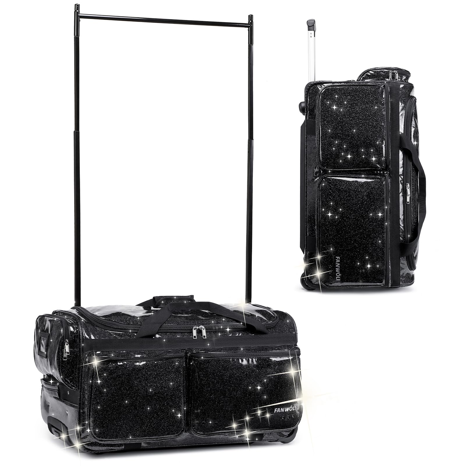 Fanwoli 28" Dance Bag | Shine-Bright Collection | Waterproof Glittering Fabric | Ideal Competition Duffle Bag with Garment Rack | Sparkle Black