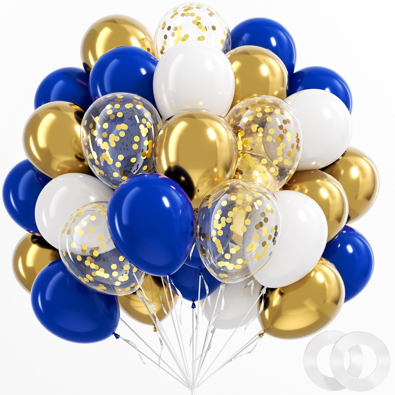 BAUANOOY Royal Blue Gold White balloons, 60pcs 12 Inch Navy Blue Metallic Gold Confetti Balloon for Wedding Graduation Baby Shower Birthday Decorations