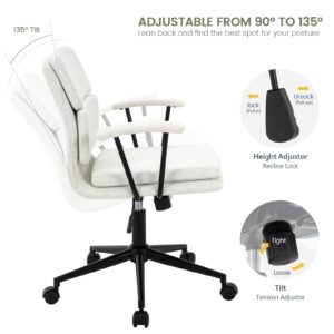 422 Modern Linen Office Chair with Removable Padded Armrests, Premium Double Cushion, 135° Rocking Mid Back Ergonomic Computer Task Chair with Wheels for Home Study&Meeting(White)