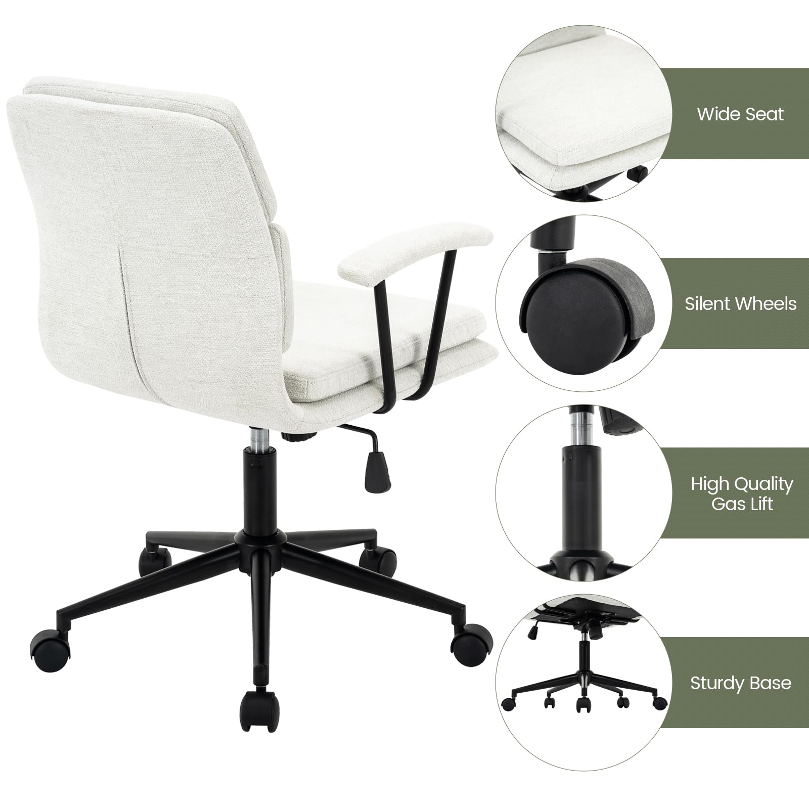 422 Modern Linen Office Chair with Removable Padded Armrests, Premium Double Cushion, 135° Rocking Mid Back Ergonomic Computer Task Chair with Wheels for Home Study&Meeting(White)