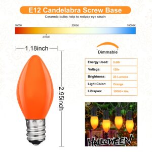 Romasaty 25 Pack C7 LED Orange Light Bulbs, C7 LED Orange Halloween Replacement Bulbs for Indoor Outdoor Halloween String Lights (E12/C7 Candelabra Base Sockets), 0.6W