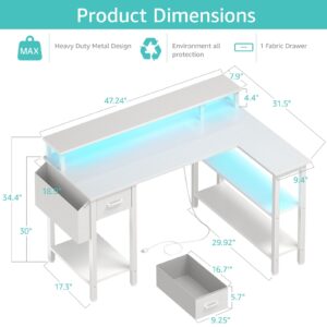 Lufeiya White L Shaped Gaming Desk with Fabric Drawers and Storage Shelves, 47 inch Home Office Desk with Monitor Stand, Computer Desk with LED Lights and Power Outlets, White