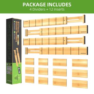 ANTOWIN 4 Pack Expandable Drawer Dividers, 2.2'' High, Extend from 17'' to 22'', Dresser Drawer Organizers, Bamboo Separators for Kitchen, Bedroom, Office, Bathroom, with 12 Pack Divider Inserts