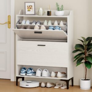 gadroad shoe cabinet, modern slim shoe organizer, tipping shoe cabinet with 2 flip drawers, narrow shoe rack for living room entryway, white