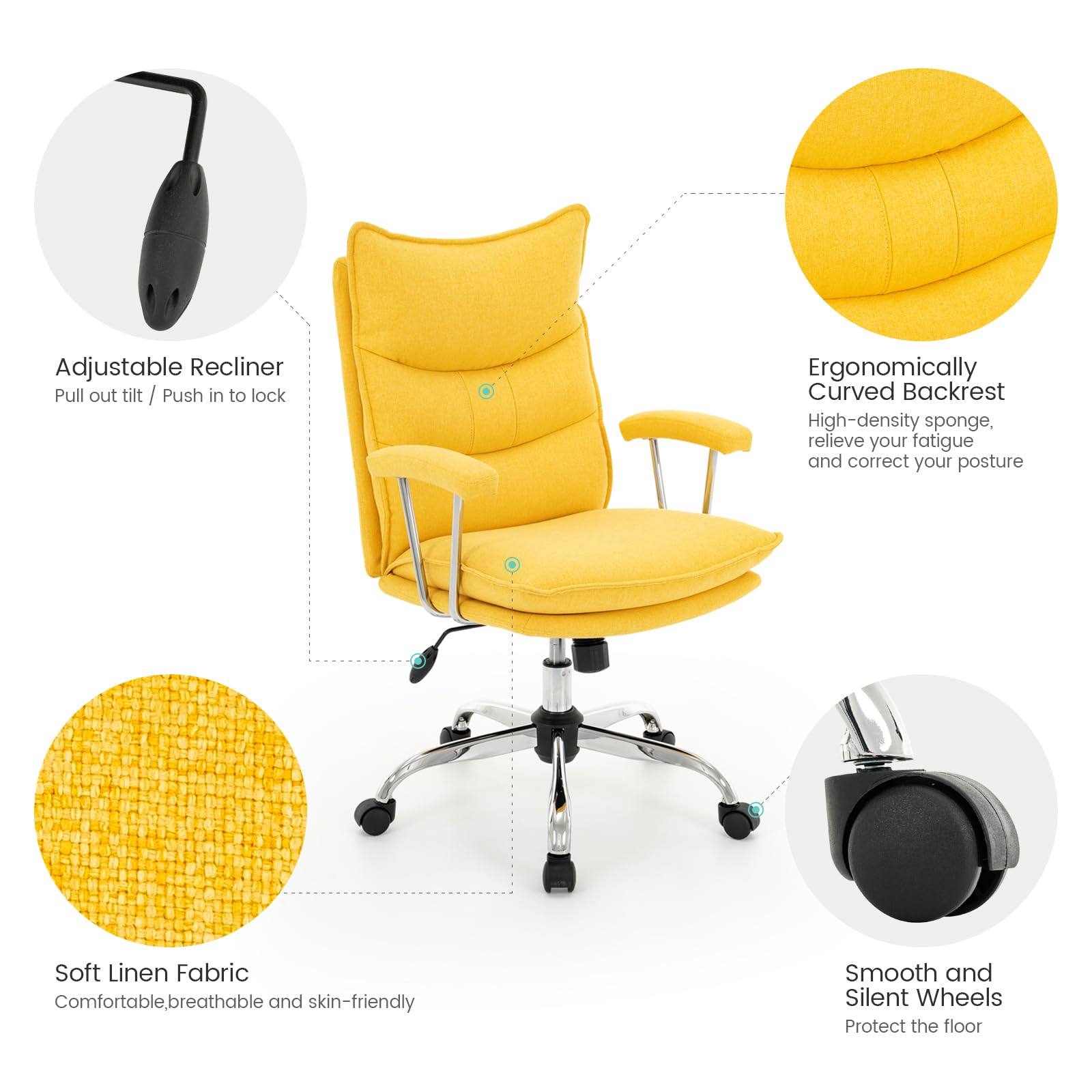 422 Soft Linen Office Chair with Padded Armrests, Premium Double Cushion, 360° Swivel High Back Ergonomic Computer Task Chair for Home Study&Meeting(Yellow)