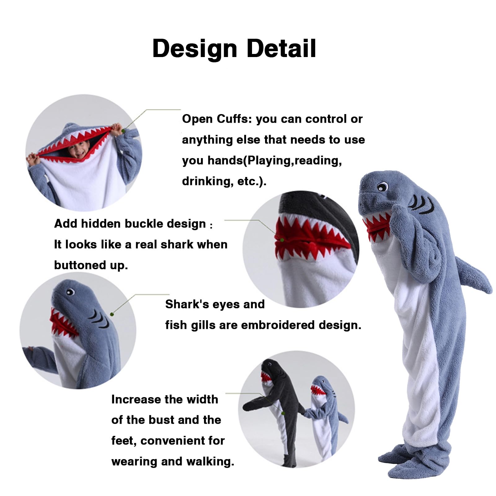 Yaruing Shark Wearable Blanket, Flannel Blanket Hoodie Onesie for Adult & Kids,Hooded Blanket with Sleeves, Soft Cozy Cosplay