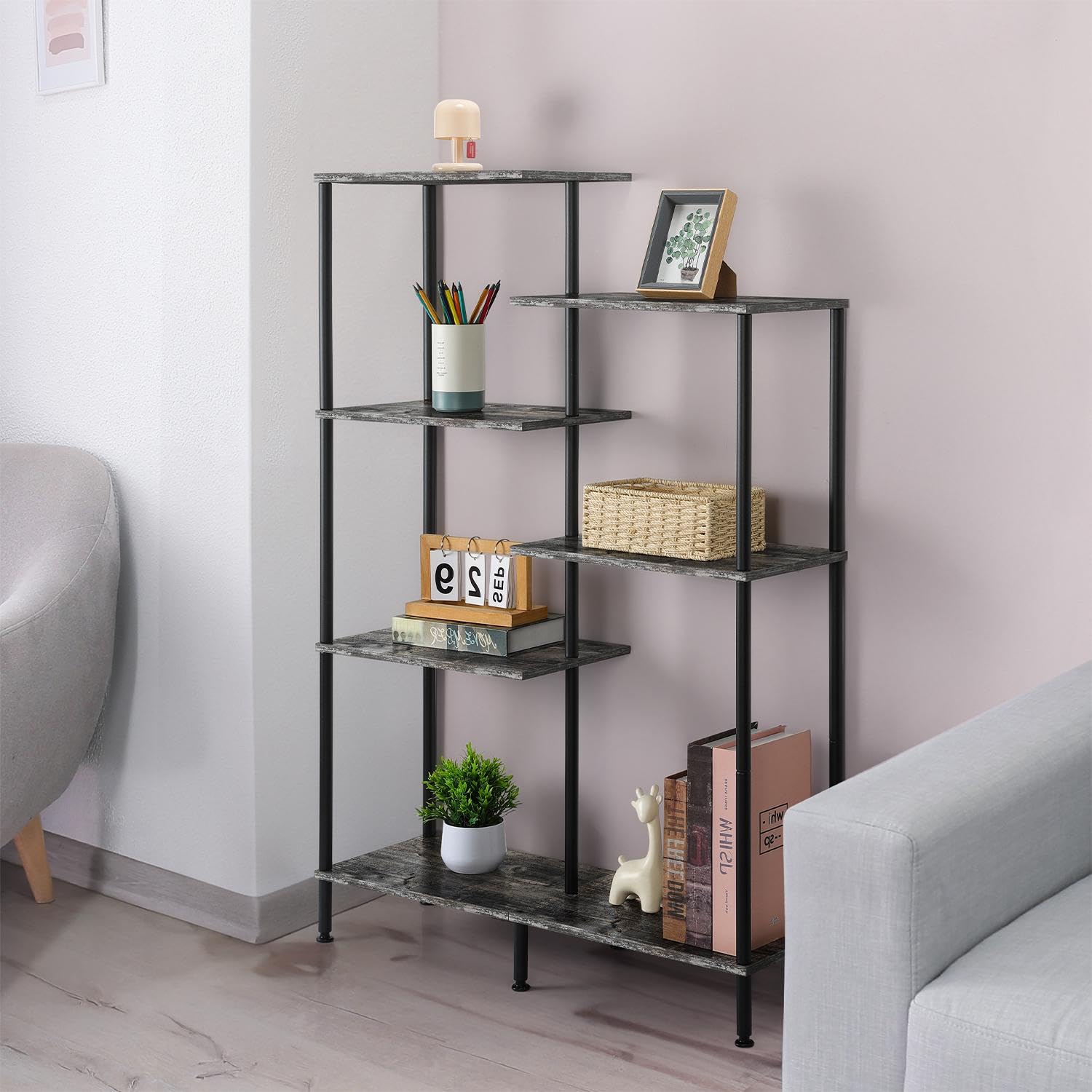 Ebeneze Bookshelf, Z-Shelf Bookcase, Freestanding Multifunctional Display Shelves, Wood Decorative Storage Shelving, 6-Tier Modern Shelf for Living Room, Home Office and Bedroom, Oak Grey