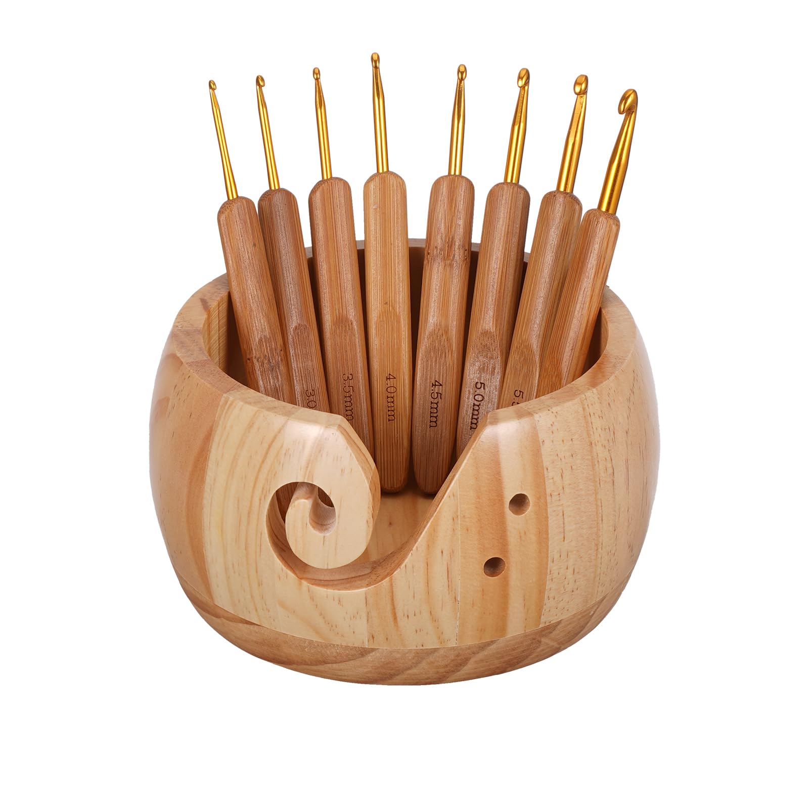 Wooden Yarn Bowl with 8Pcs Metal Crochet Hooks, Knitting Yarn Bowl with Holes Storage Handmade to Prevent Slipping, Perfect Yarn Holder Bowl for Crocheting and Knitting Mother's Day Gift 5" x 3"