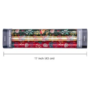 WRAPAHOLIC Christmas Wrapping Paper Roll - Mini Roll - 3 Rolls - 17 Inch x 120 Inch Per Roll - Bird, Christmas Garland, Holly and Pinecones Holiday Design with Metallic Foil Shine