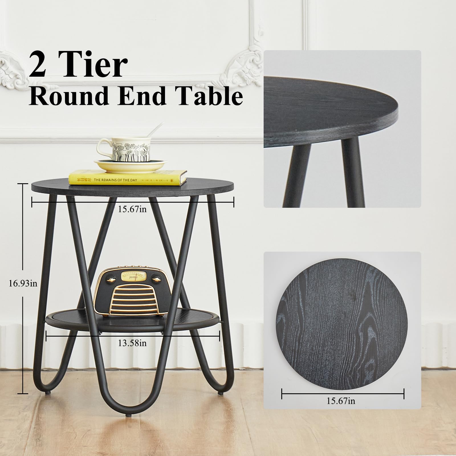 Leesingdo 2 Tier Round End Table, Black End Table with Metal Frame for Small Spaces, Accent Coffee Table, Sofa Table, Nightstand Table for Living Room, Bedroom