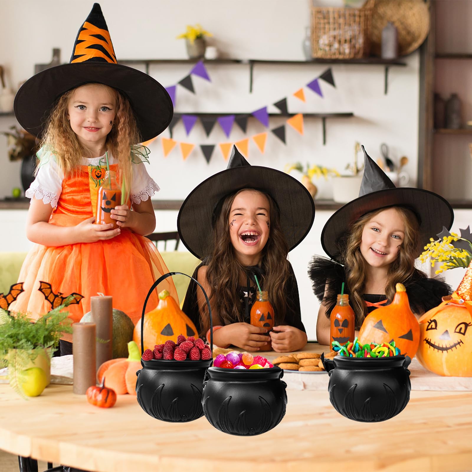 Zddaoole Halloween Cauldrons Serving Bowl Decor,Set of 3 Hanging Black Plastic Cauldron Bowls on Rack,Candy Punch Bowl Halloween Witches Cauldron for Home Kitchen Hocus Pocus Party Decorations Indoor