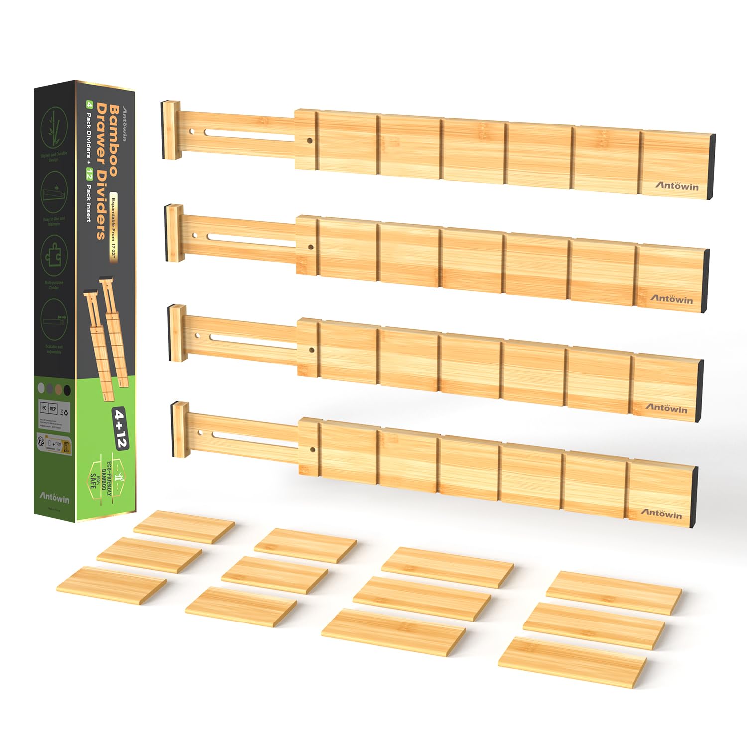 ANTOWIN 4 Pack Expandable Drawer Dividers, 2.2'' High, Extend from 17'' to 22'', Dresser Drawer Organizers, Bamboo Separators for Kitchen, Bedroom, Office, Bathroom, with 12 Pack Divider Inserts