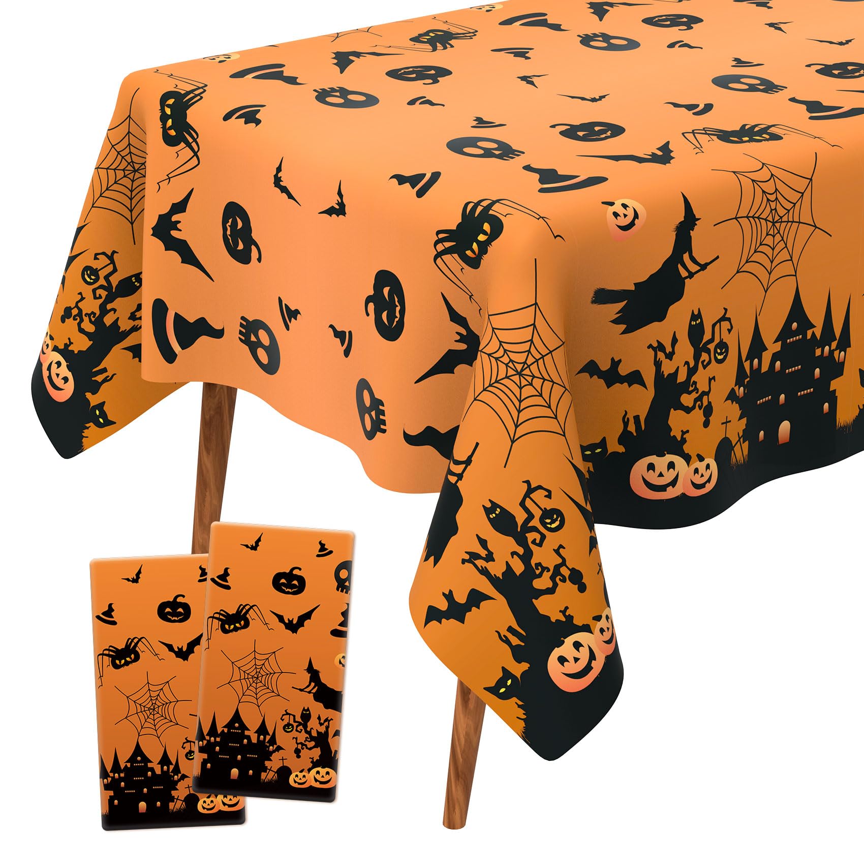 Halloween Tablecloth, 2 Pcs Plastic Tablecloth for Halloween, Rectangle Disposable Table Cover, Waterproof Tablecover for Halloween Party Decoration Outdoor Dinner Kitchen Home Decor 54 x 108 inches