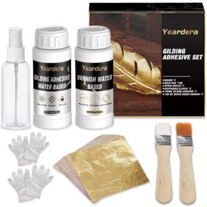 yeardera gold leaf kit, gilding adhesive set, 100ml water based adhesive and 100ml varnish with gold leaf sheet 100 pc, for arts, craft, painting, furniture and decoration