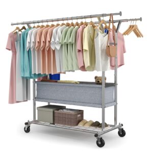 hokeeper clothing rack heavy duty clothes rack for hanging clothes load 625lbs extendable double rod clothes rack, adjustable rolling garment rack with wheels, basket & shelves 71.2''w*23.6''d*68.5''h