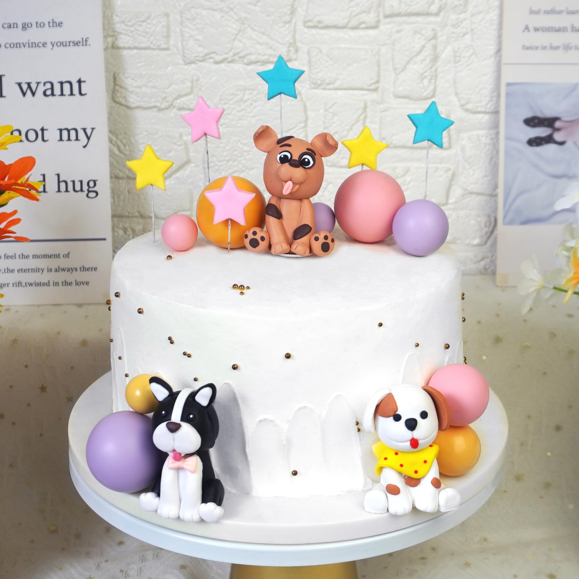 DRWATE Dog Cake Topper Clay Figurines Puppy Star Yellow Pink Purple Ball Cake Topper for Dog Theme Birthday Party Paw Cute Dog Pet Party Baby Shower Supplies (Style 01)